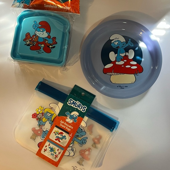 Other | Smurfs Lunch Snack Bundle Plate Sandwich Keeper Reusable Snack ...